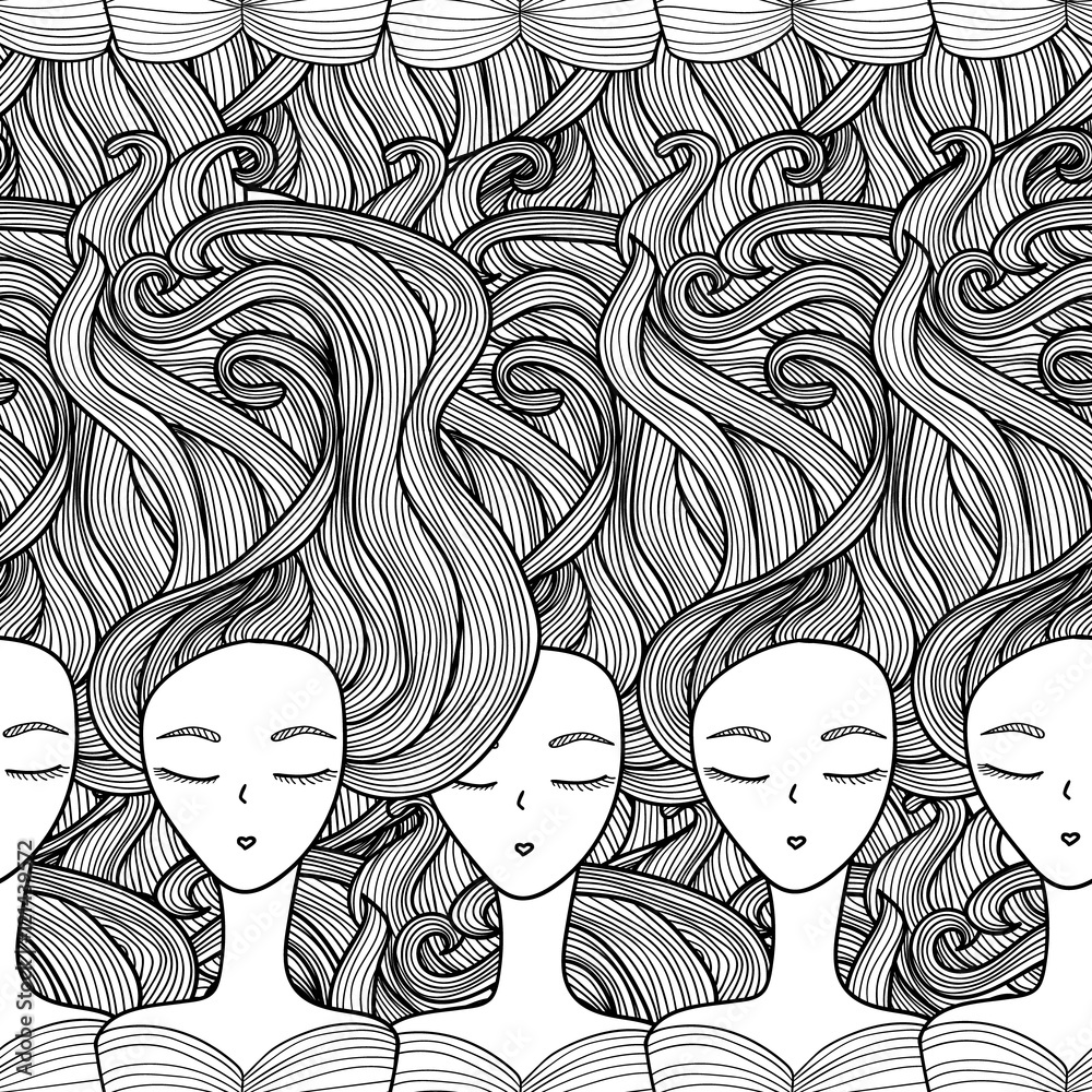 Seamless pattern portraits of girls in the graphic style. Stock Vector ...