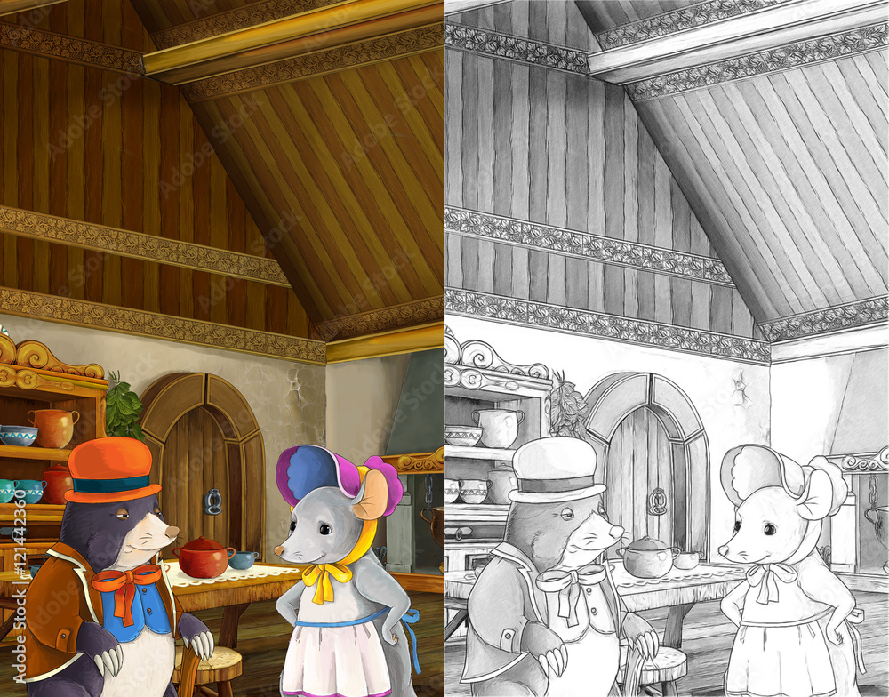 Cartoon fairy tale scene with mole and mouse talking in the kitchen ...
