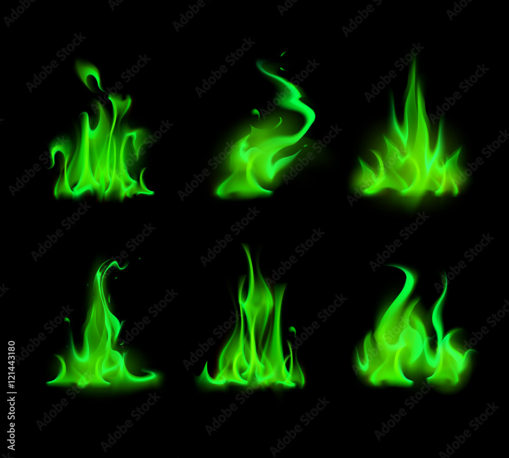 Set of Different Green Fire Flame Bonfire Isolated on Background Stock ...