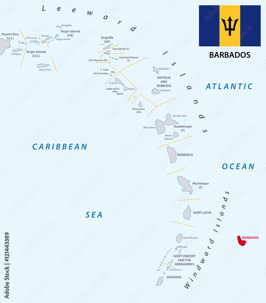 lesser antilles outline map barbados with flag Stock Vector | Adobe Stock