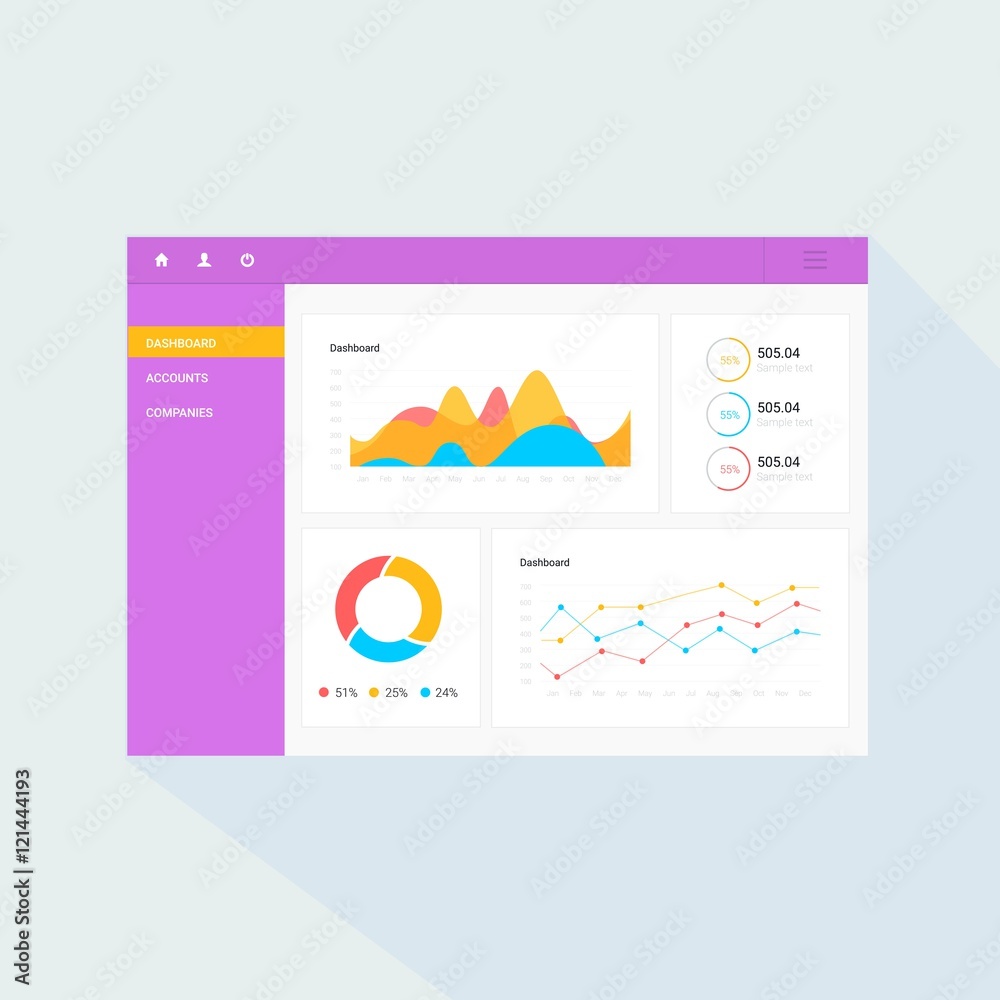 Infographic dashboard template with flat design graphs and charts ...