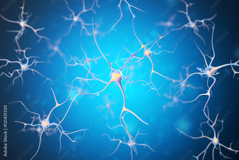 Neurons in the human nervous system with the effect of depth field. 3d ...