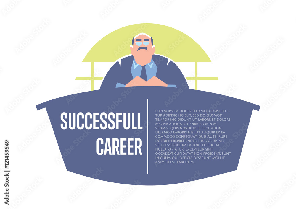 Successful career banner with big boss in business suit and tie sitting ...