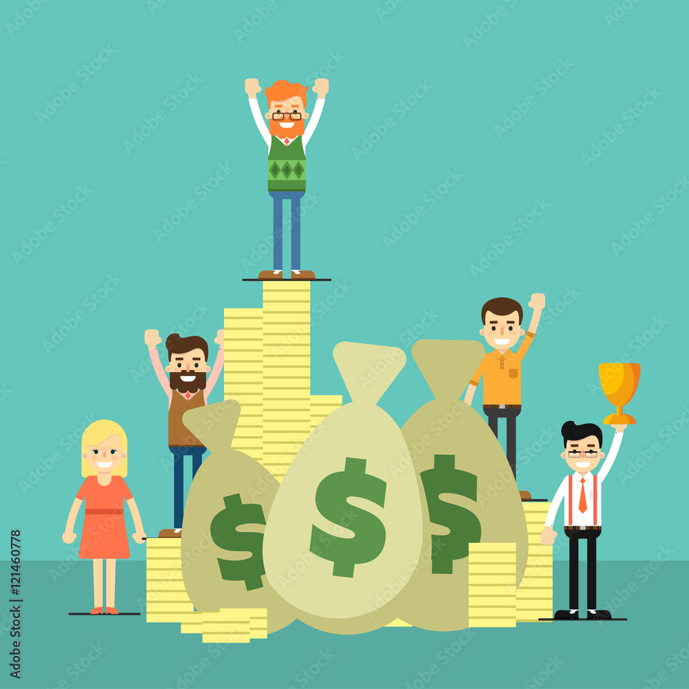 Happy people near big pile of cash and coins, isolated vector ...