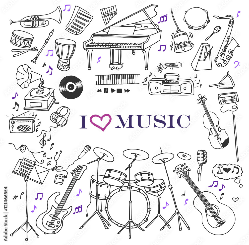 Hand-drawn doodles of the music instruments and objects: guitar, drums ...