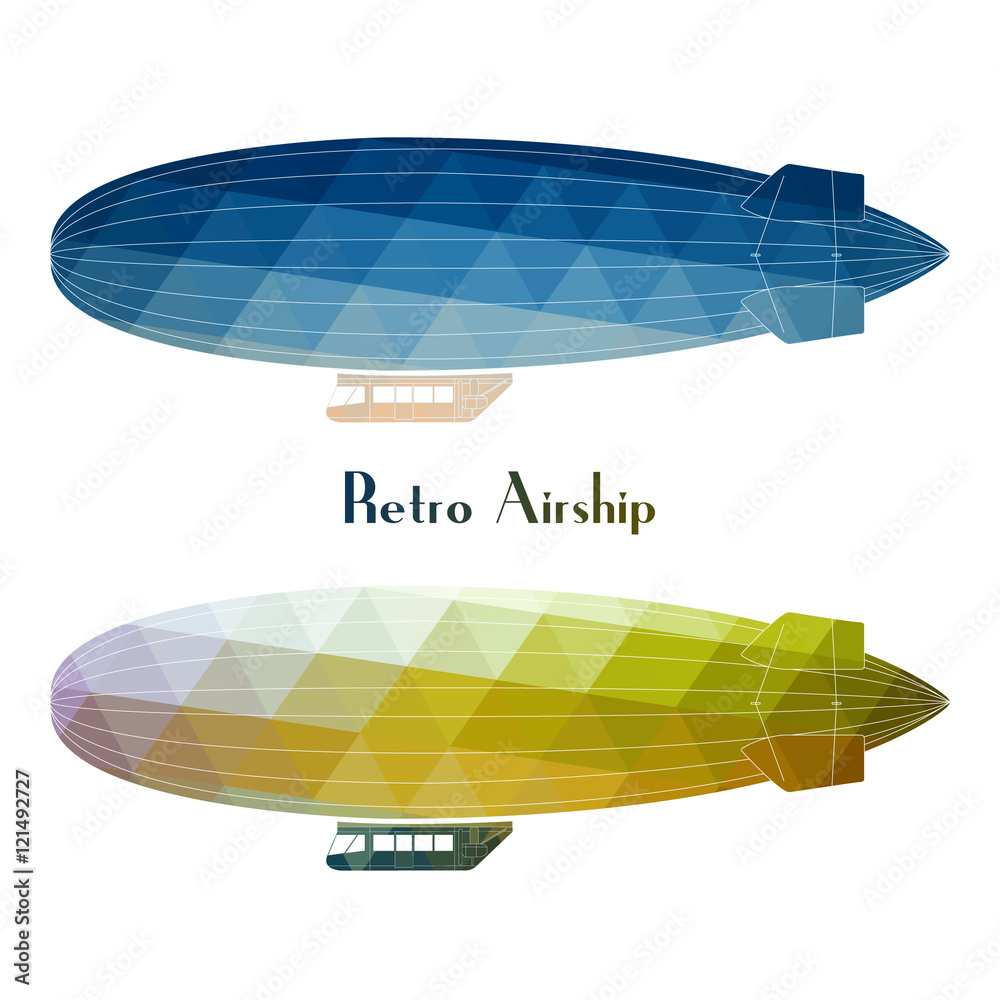 Vector blimp retro aircraft flying with white background. Retro airship dirigible balloon flight ...