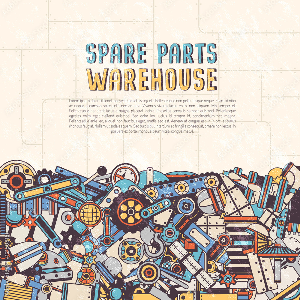 Template of machinery poster with lots of spare parts, machine elements ...