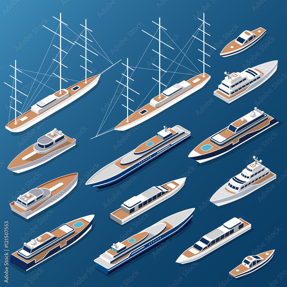 Isometric flat yachts and boats vector Marine nautical transport Stock ...