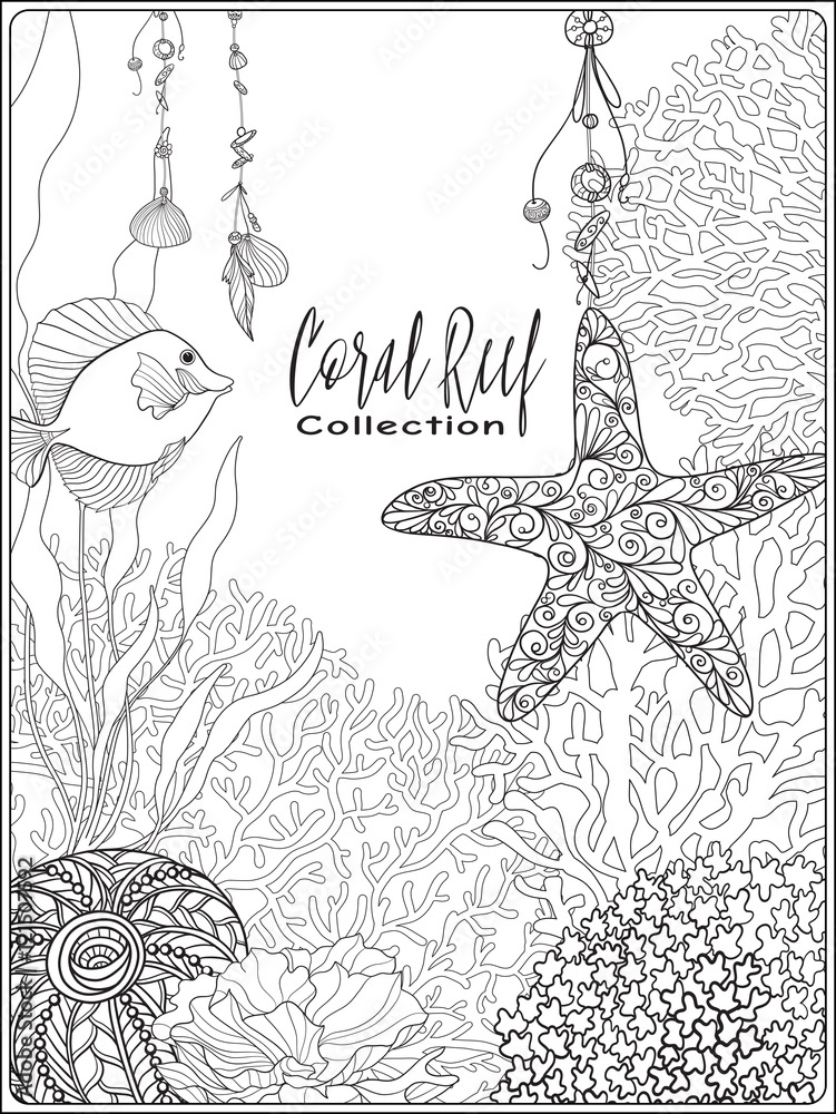 Coral reef collection.Anti stress coloring book for adult and. Outline ...