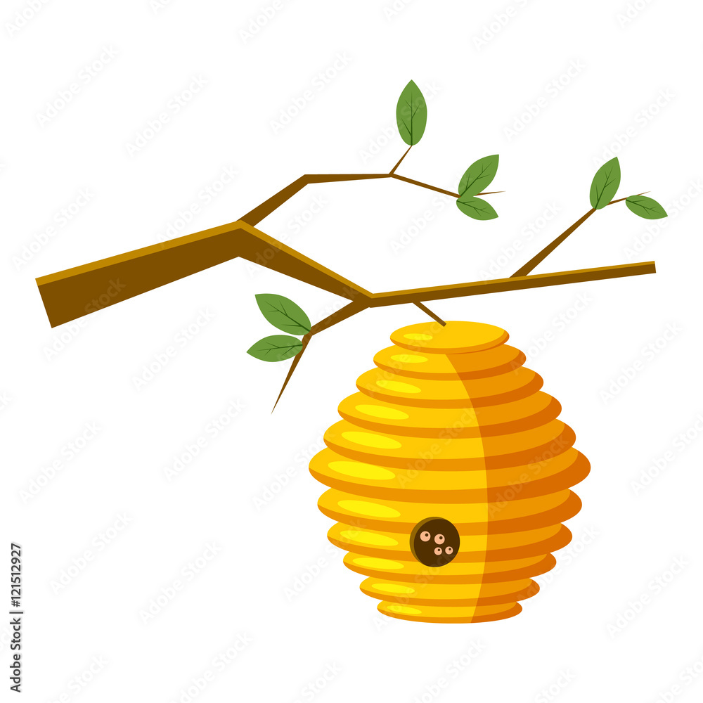 Beehive on tree icon in cartoon style isolated on white background. Bee ...