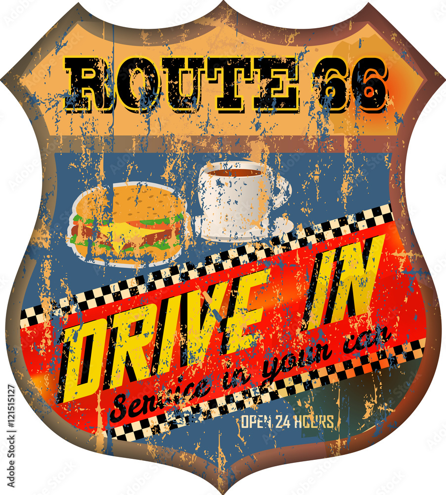 route 66 drive in diner sign, retro grunge style, vector Stock Vector ...