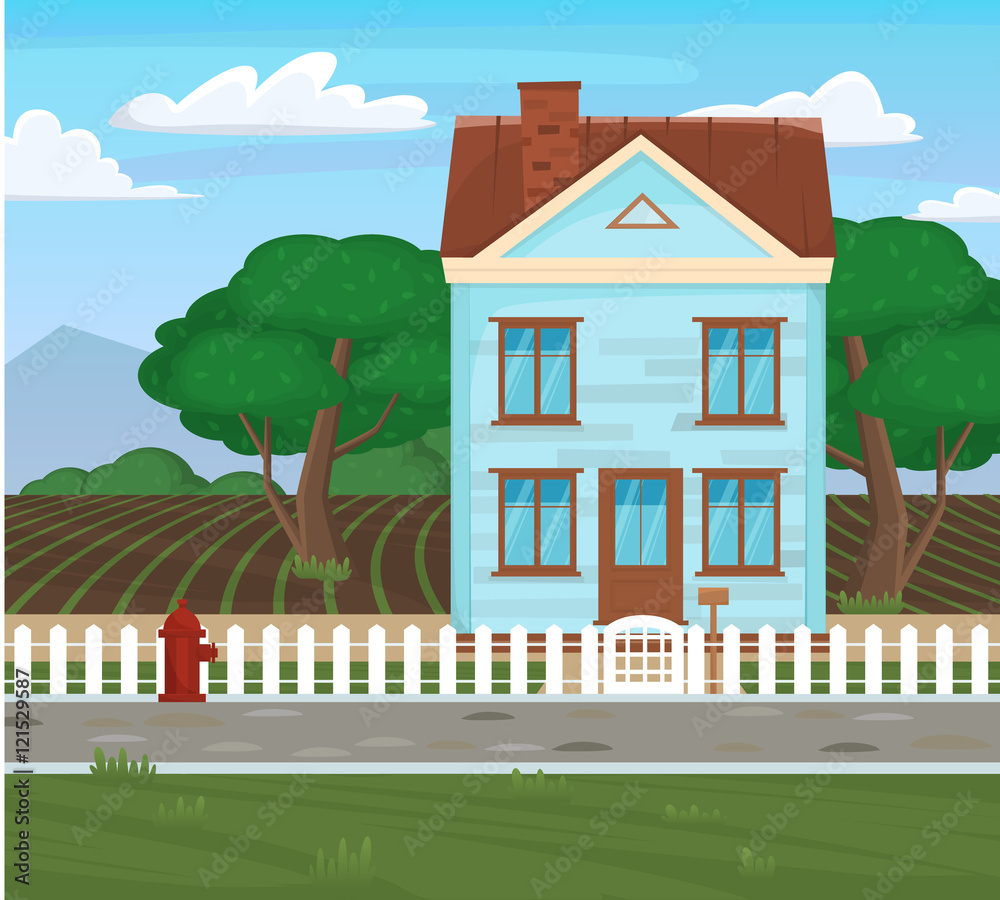 Field and house and tree agriculture cartoon concept. Countryside home ...
