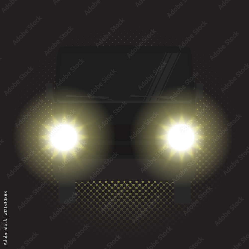 Night car, truck with headlights in dark, vector illustration. Yellow ...