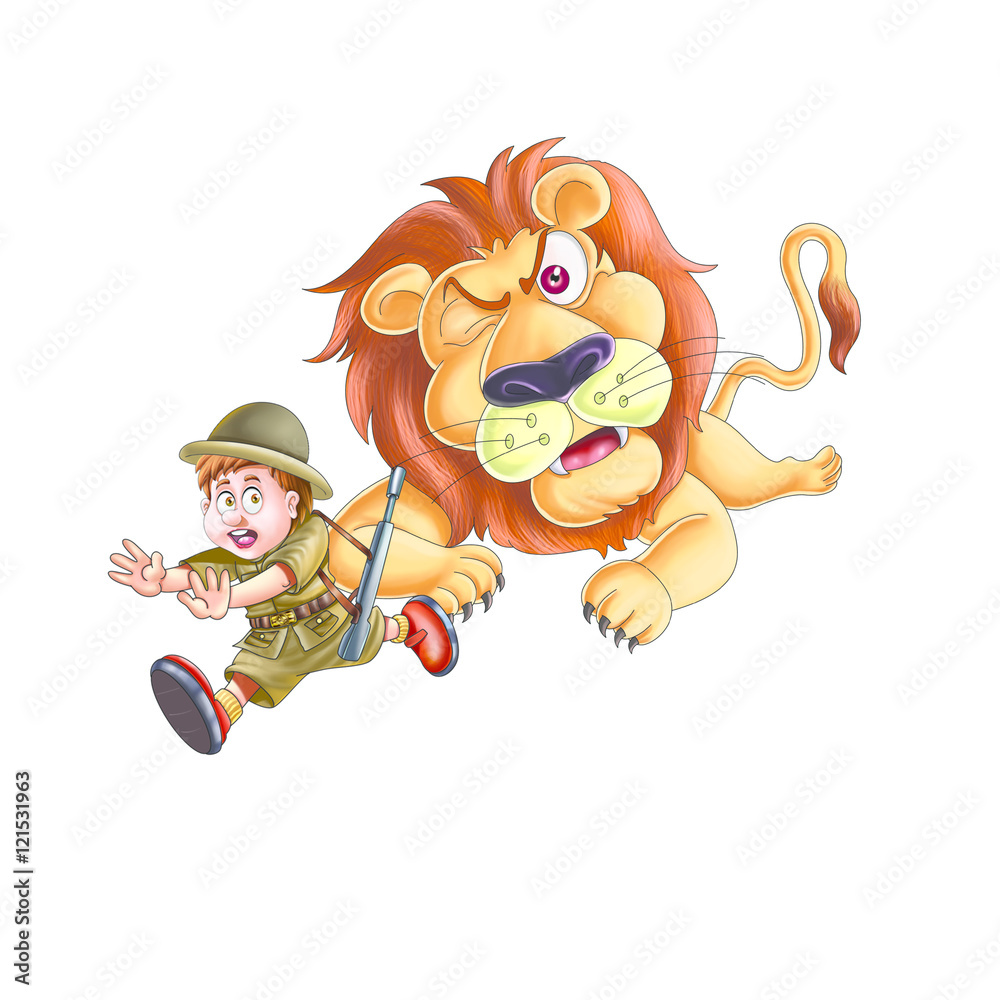 Hunter and a lion Stock-Illustration | Adobe Stock