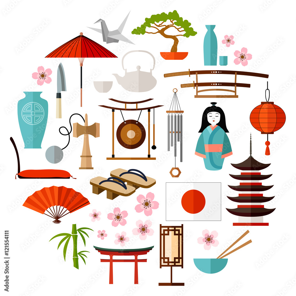 Traditional Japanese icon, attributes, symbol and symbol. Items for ...