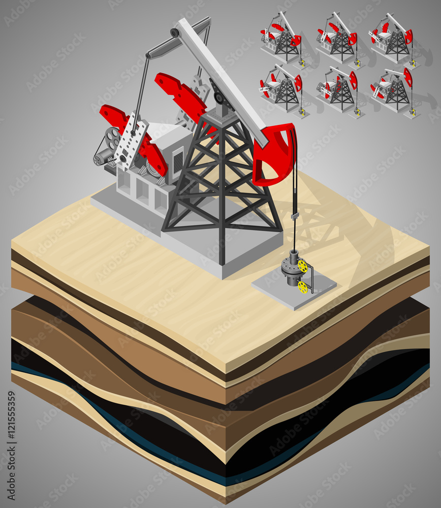 Vector isometric illustration of set of oil pumping units on oil field ...