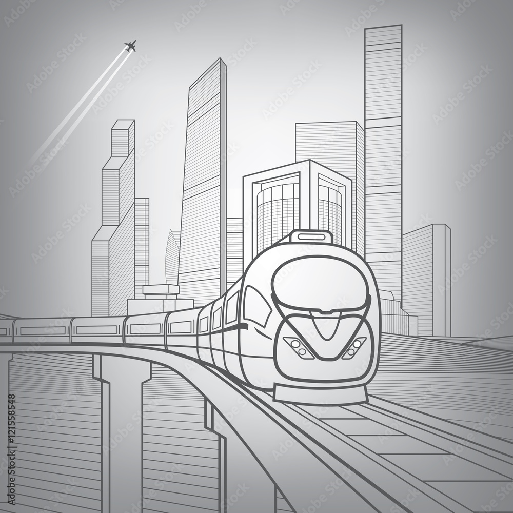 Train move on the bridge. Business center, architecture, transport and ...