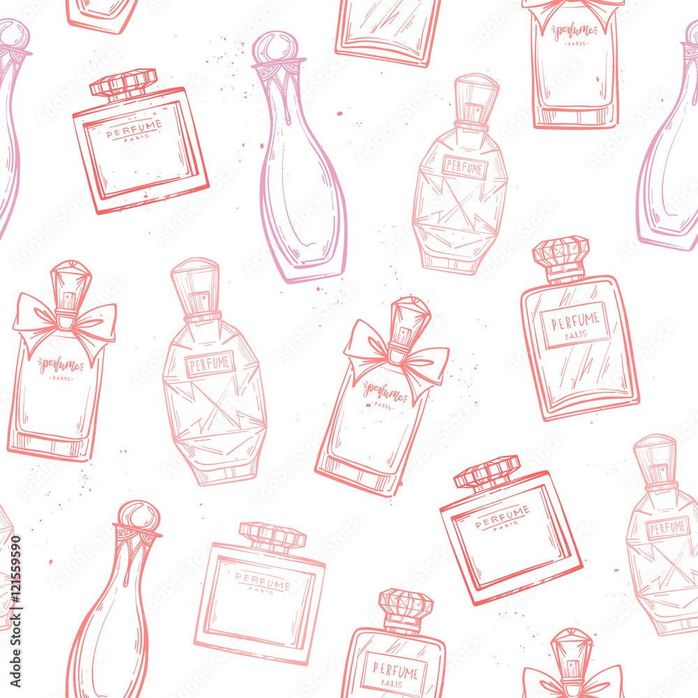 Hand drawn vector seamless pattern - french perfume. Outline Stock ...