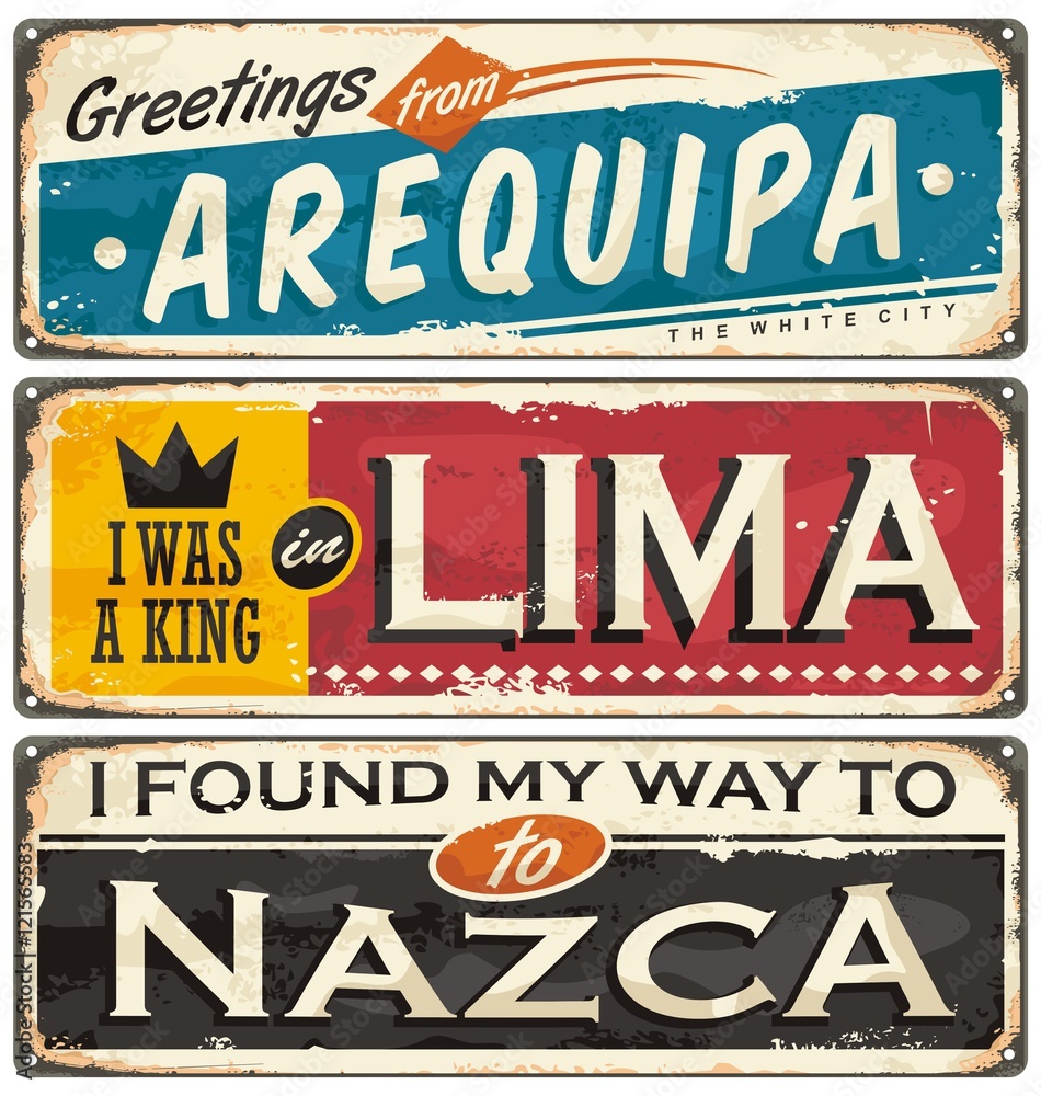 Travel to Peru retro tin signs collection Stock Vector | Adobe Stock