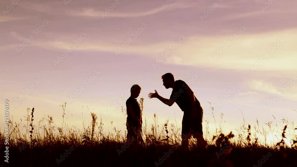 Angry parent and his child over sunset sky background. Anonymous ...
