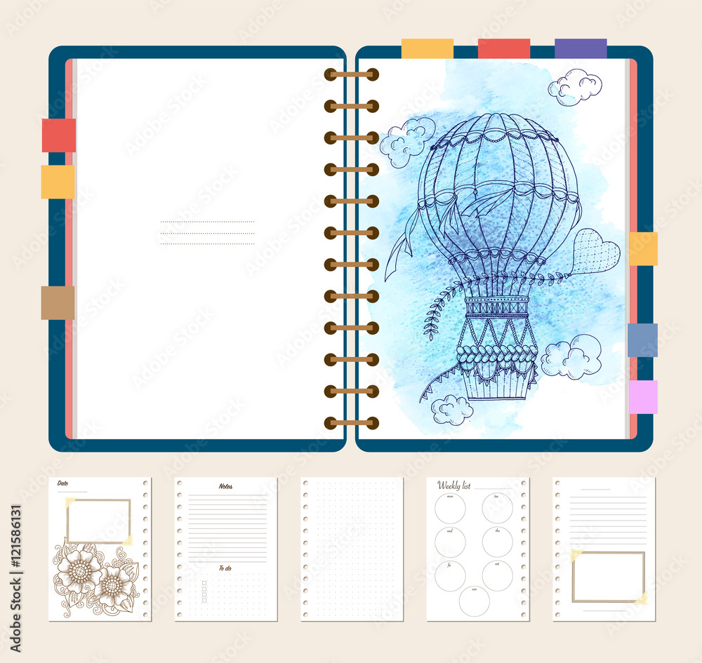 Flat design opened notepad with adult coloring page, notes and to do ...