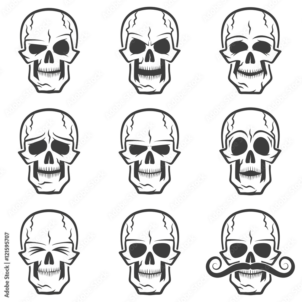 Skull emotions set. Wary skull, evil skull, funny skull, skull surprised,skull with eyes closed ...
