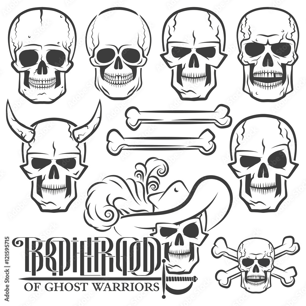 Skulls of various designs. Horned skull. Logo with skull and rapier ...