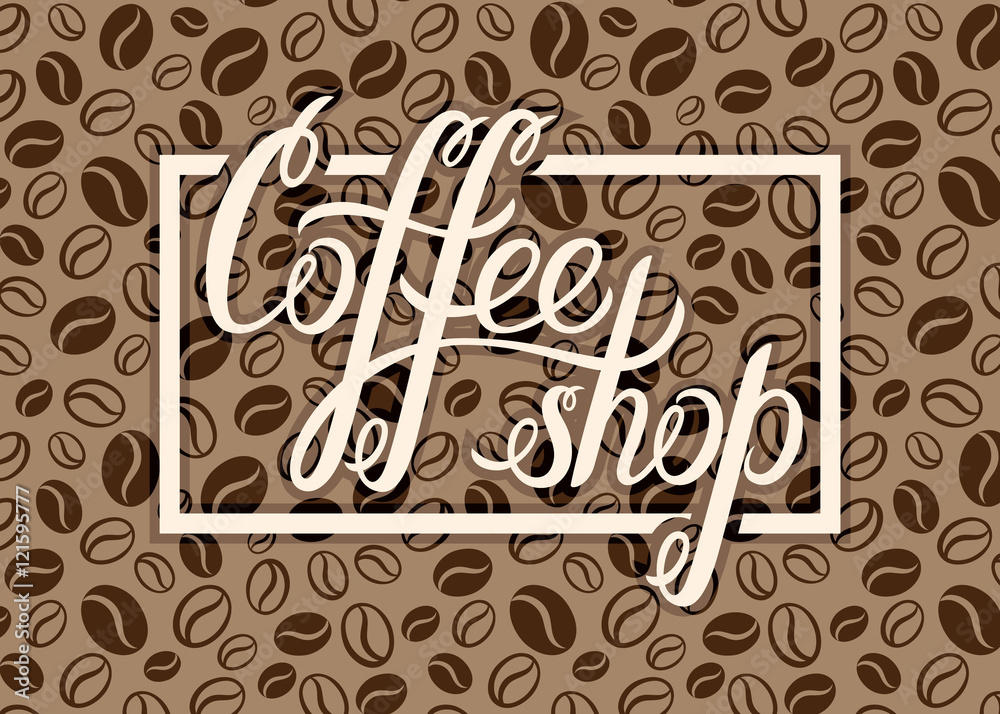Vector Coffee shop logo on coffee beans background for menu, cards ...