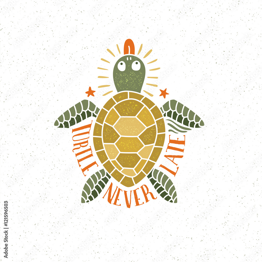 Handmade lettering, logo with colored turtle in retro, hipster style ...