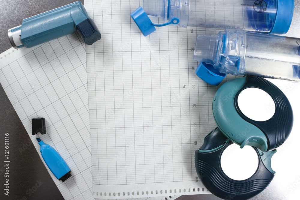 Asthma relief concept, salbutamol inhalers, medication and paper Stock ...