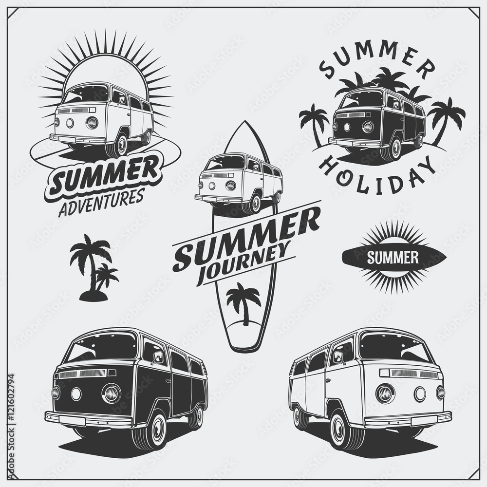Poster Summer bus travel labels, emblems and design elements – Wall Art ...
