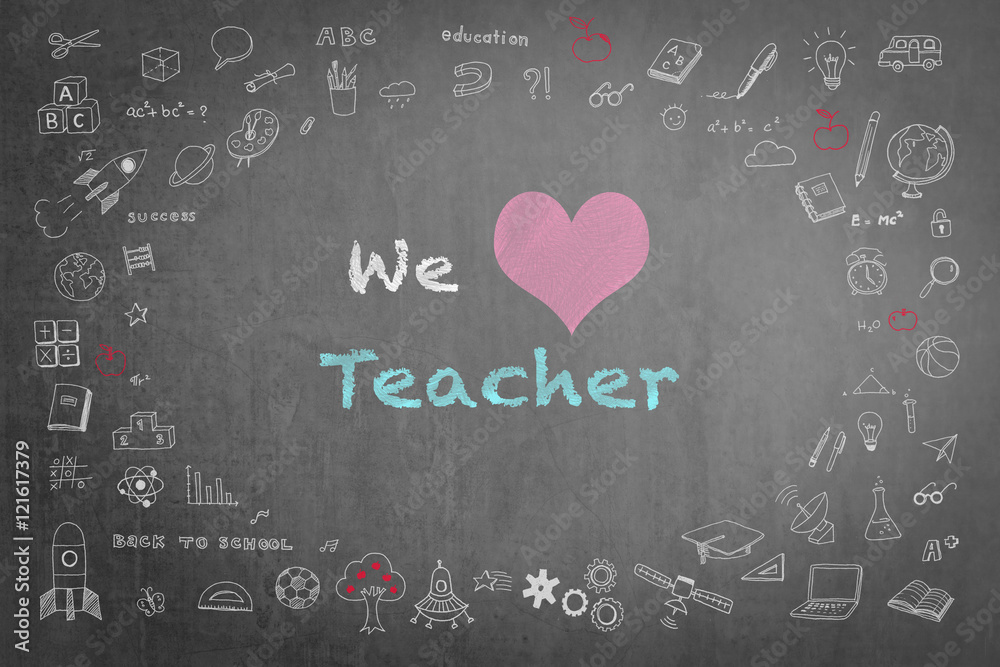We love teacher message on black chalkboard with doodle free hand ...
