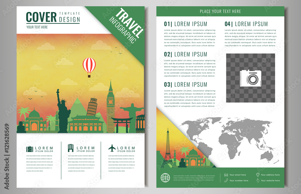 Travel brochure design with famous landmarks and world map. Template ...
