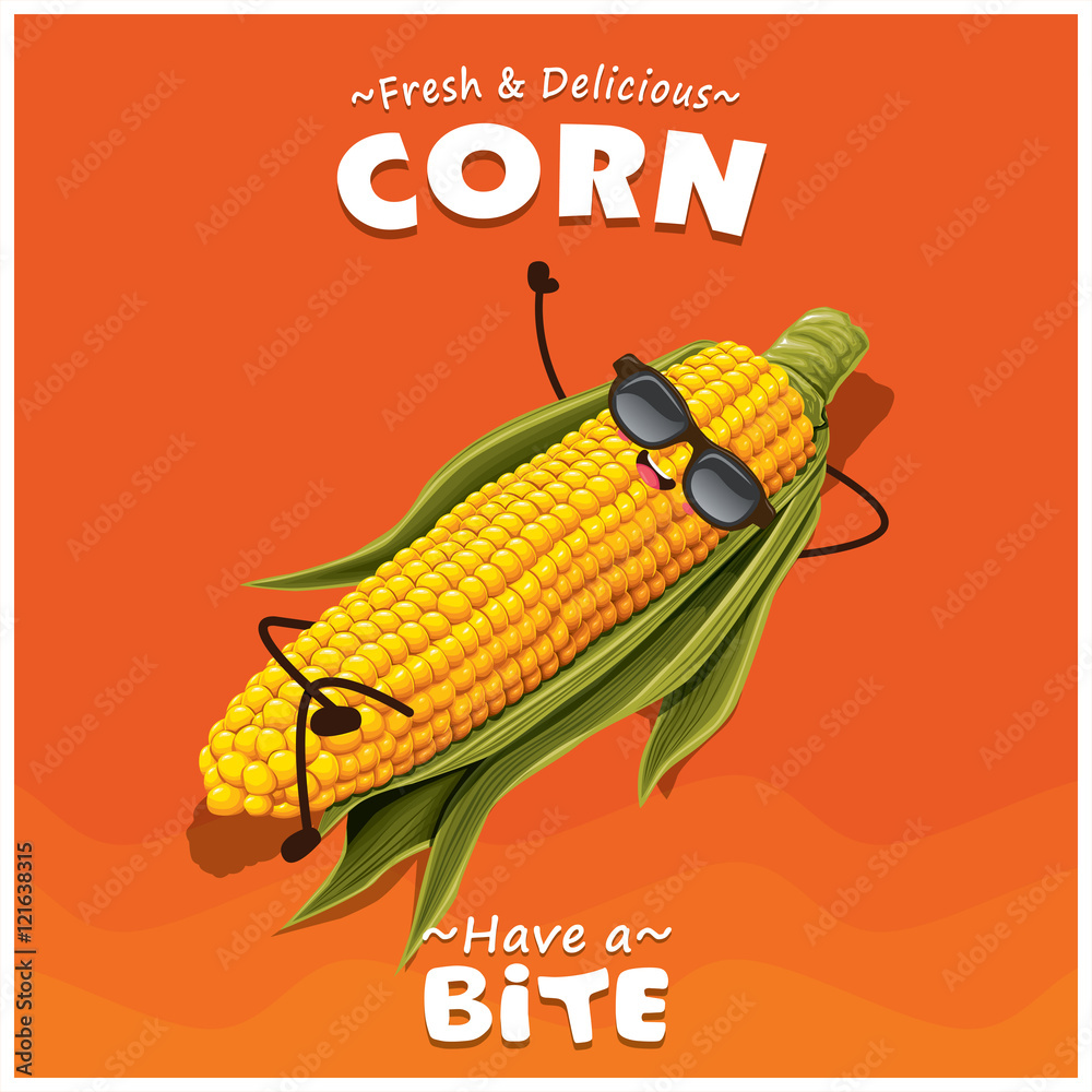 Vintage corn poster design with vector corn character. Stock Vector ...