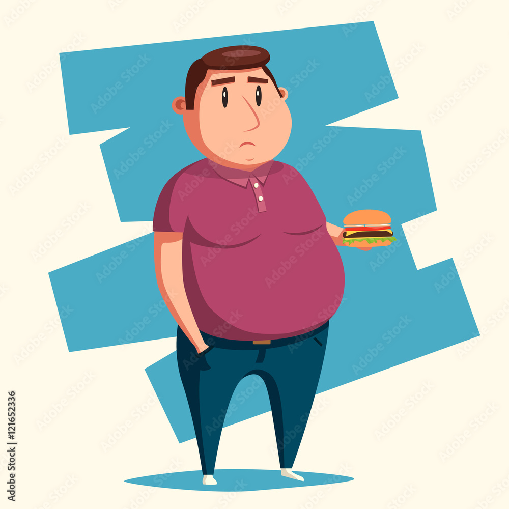 Fat man with burger. Cartoon vector illustration. Stock Vector | Adobe ...
