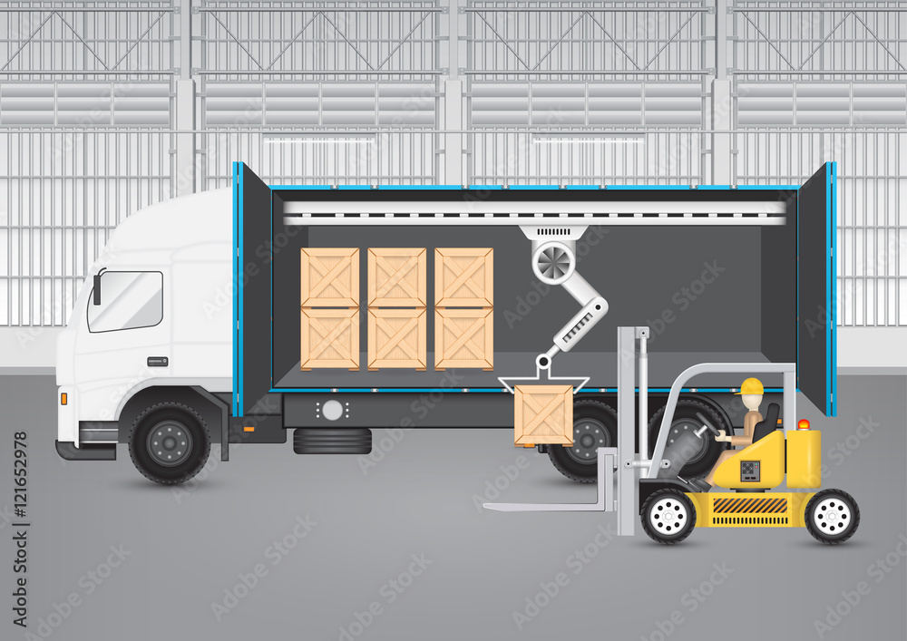 Vector of factory interior and operator or worker to sort crate box ...