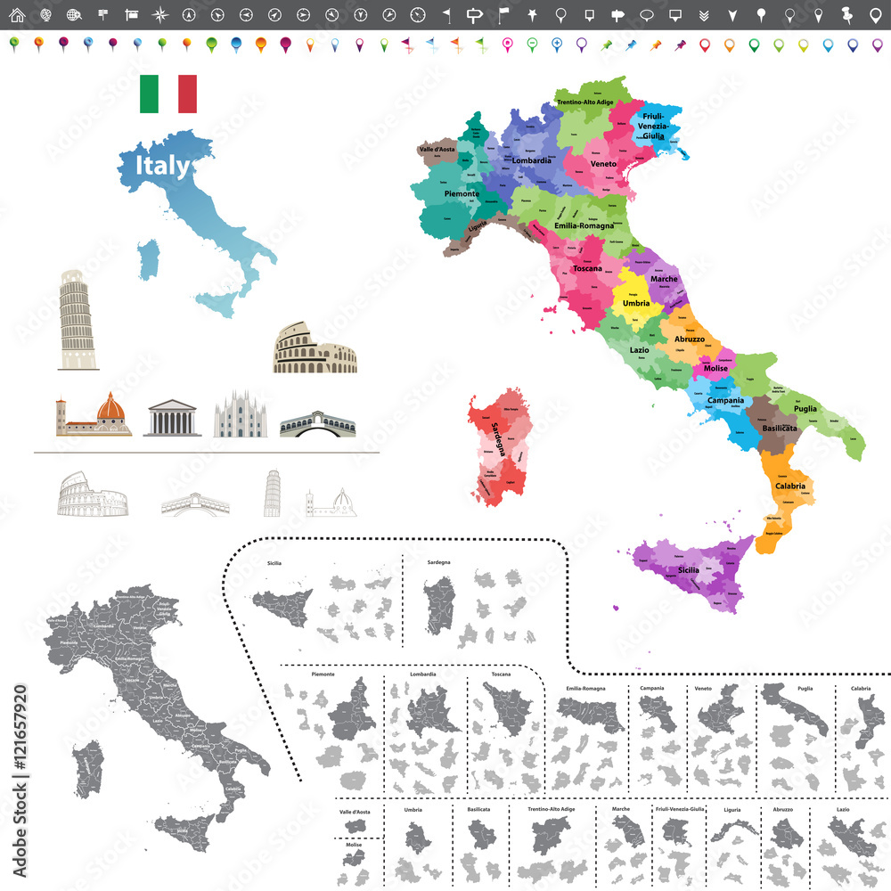 Italy vector map coloured by regions Stock Vector | Adobe Stock