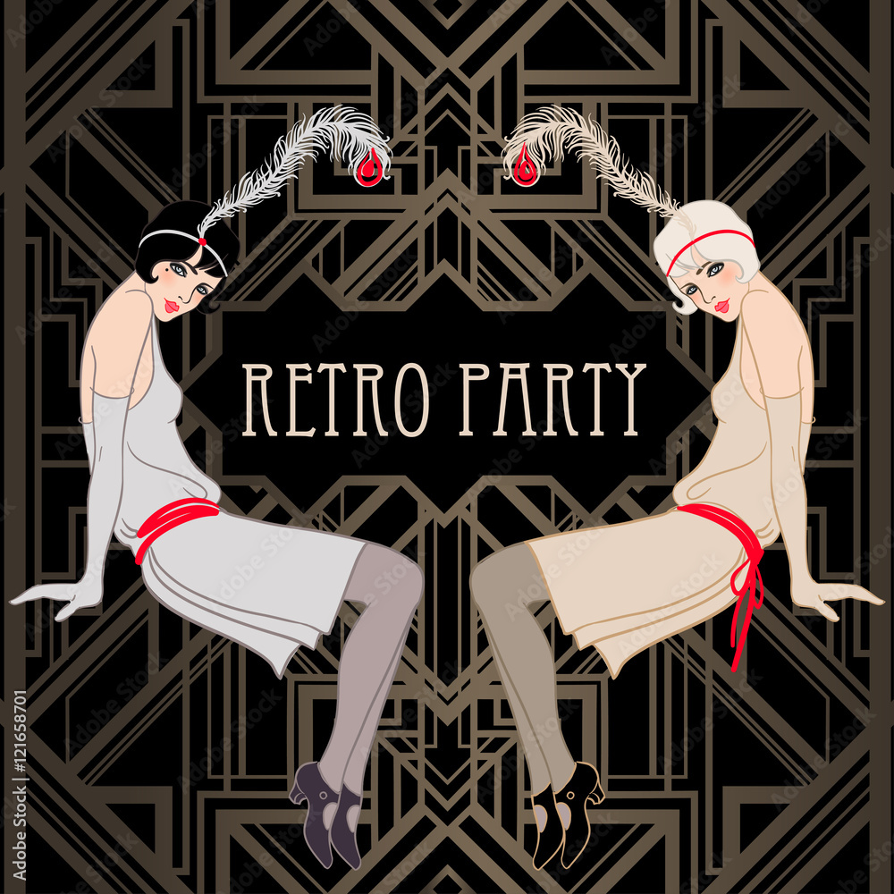 Flapper girl: Retro party invitation design template. Vector ill Stock ...