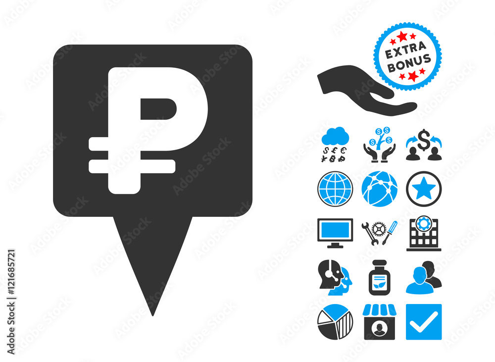 Rouble Map Pointer icon with bonus elements. Vector illustration style is flat iconic bicolor ...