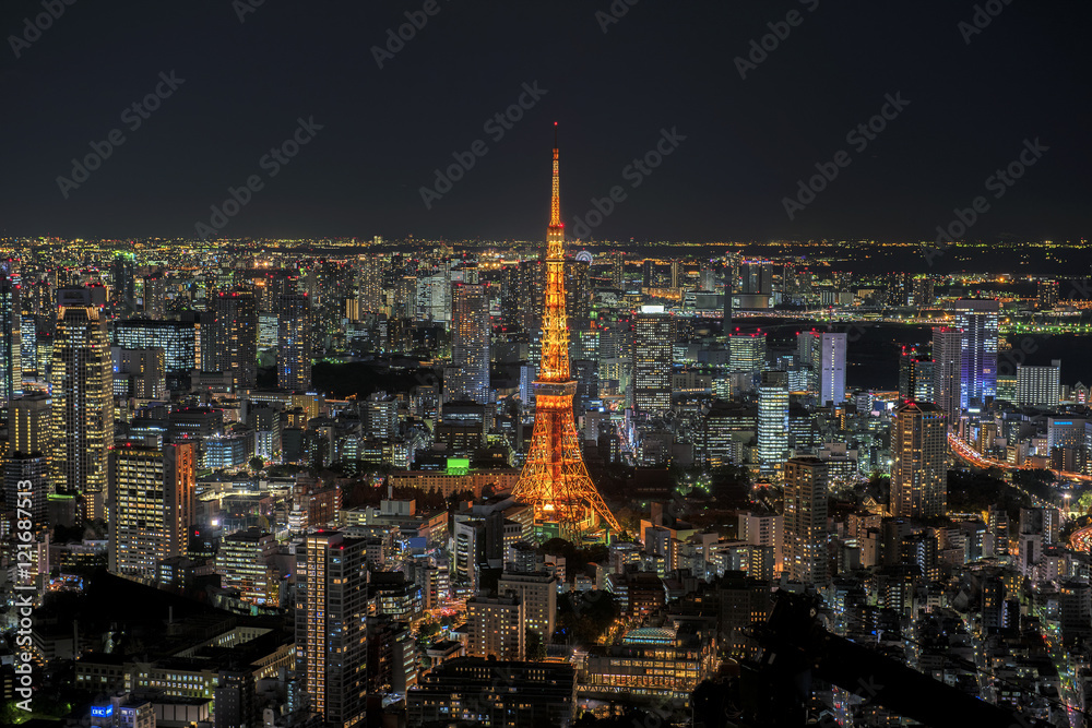 Tokyo city and colorful night light from the buildings with highlight ...