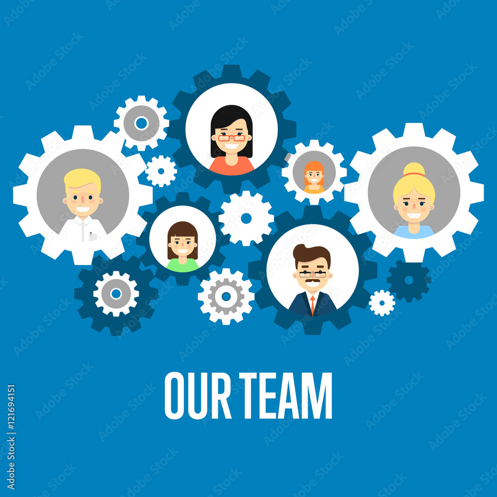 Smiling people characters in round gear icons on blue background. Our ...