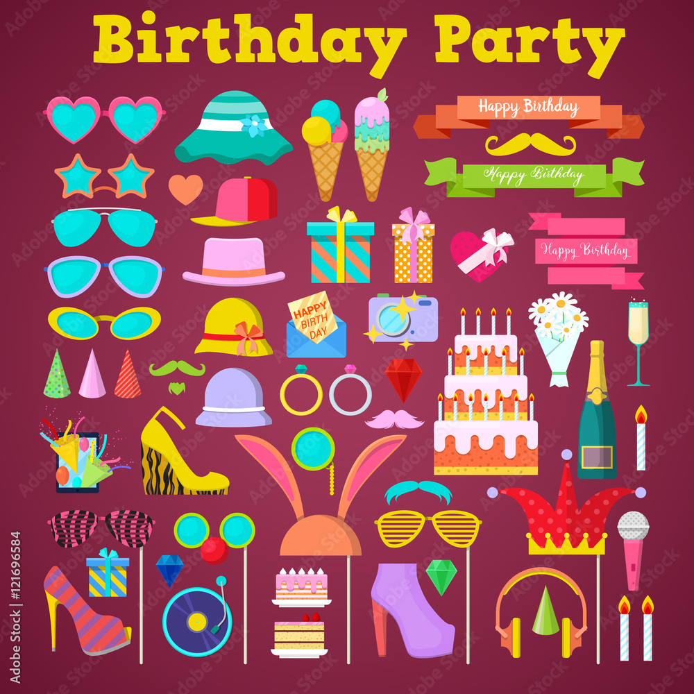 Birthday Party Decoration Set with Photo Booth Elements and Cake ...