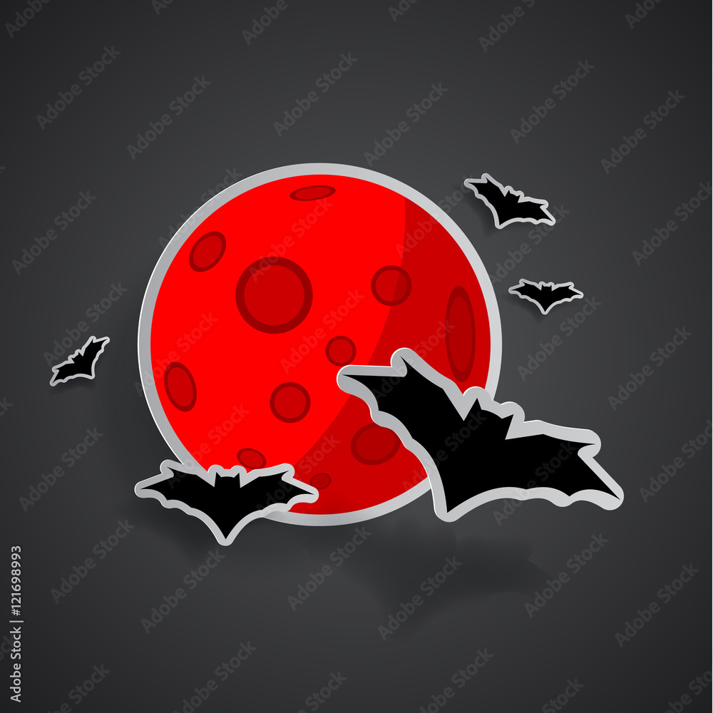 Bats on a red moon background. Happy Halloween background. Black ...