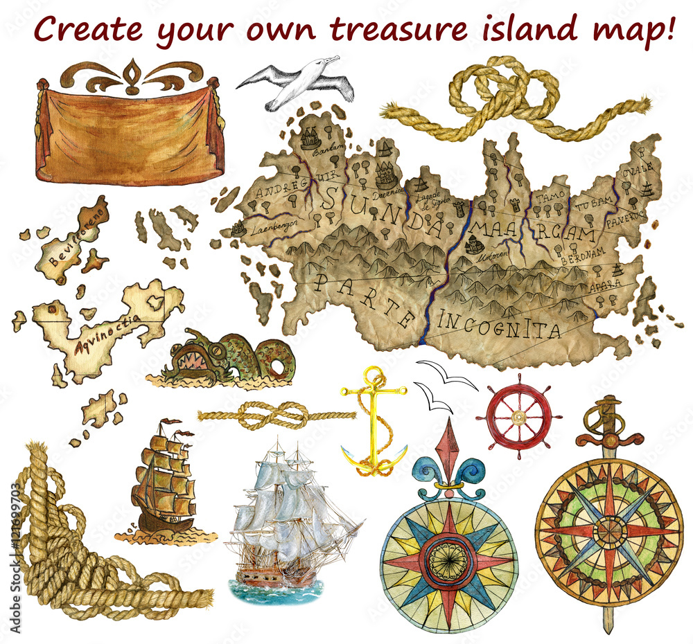 Set for treasure island map isolated foto de Stock | Adobe Stock