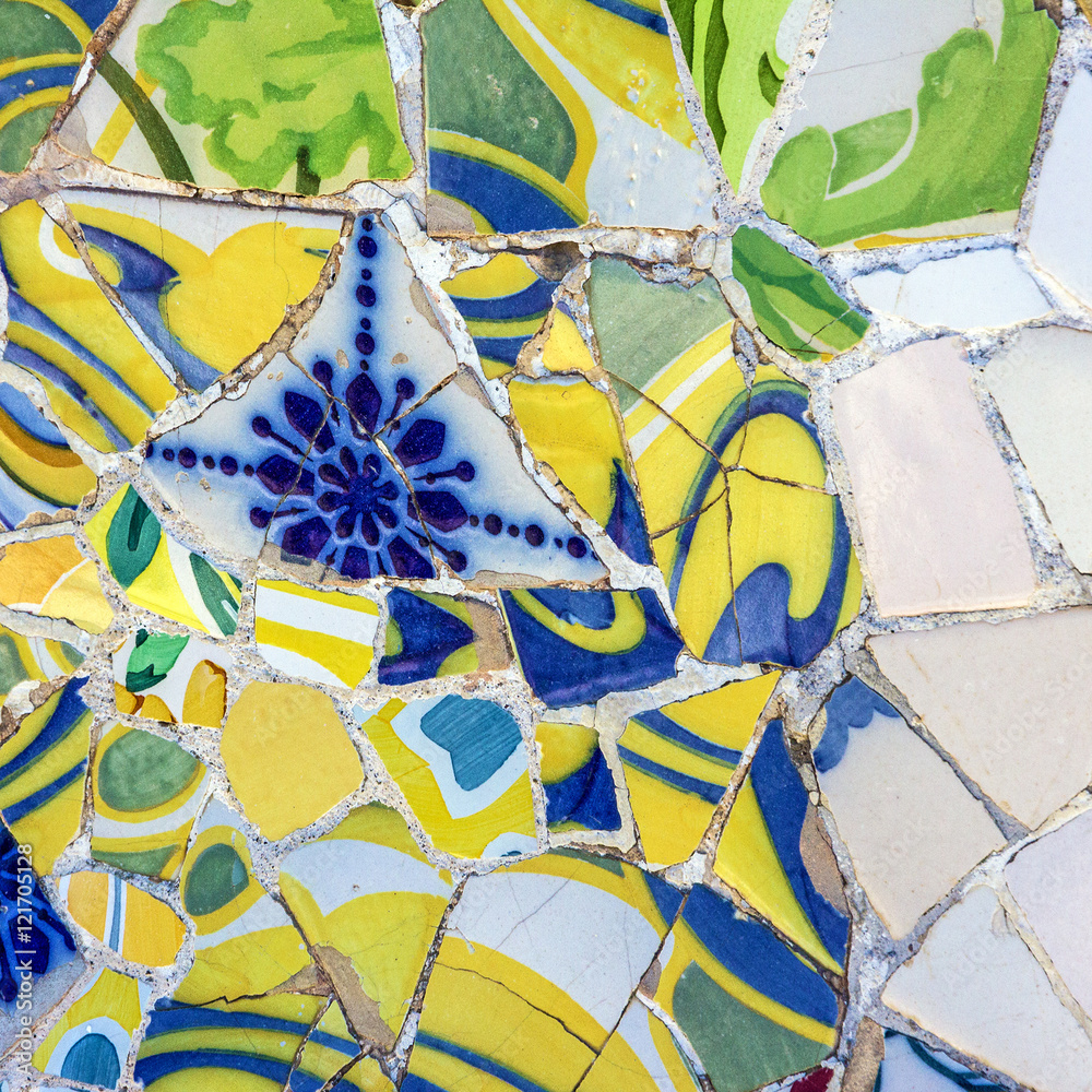Broken glass mosaic tile, decoration in Park Guell, Barcelona Stock ...