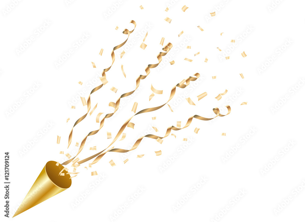 Exploding gold party popper with confetti and streamer Vector Stock ...