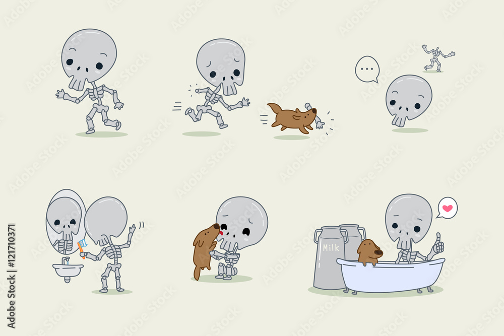 Vettoriale Stock Skeleton and dog cartoon character, Halloween set ...