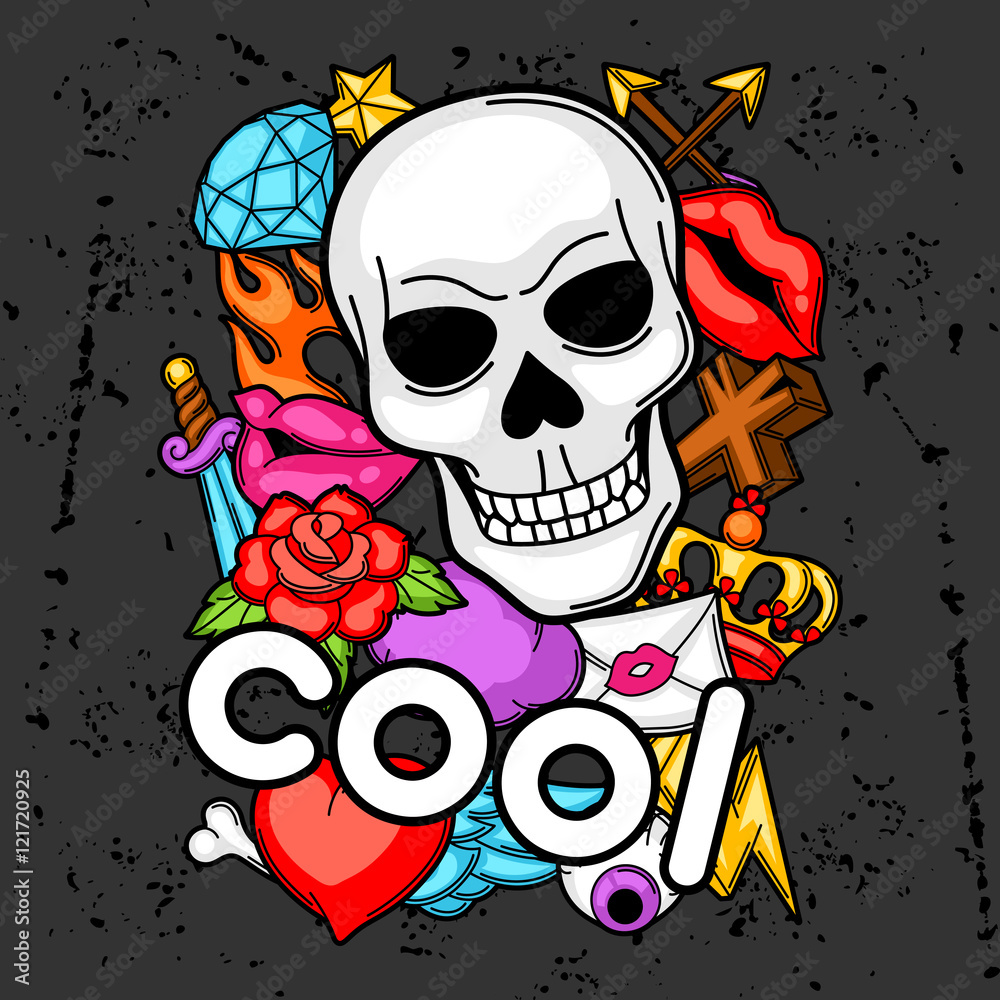 Print with retro tattoo symbols. Cartoon old school illustration Stock ...