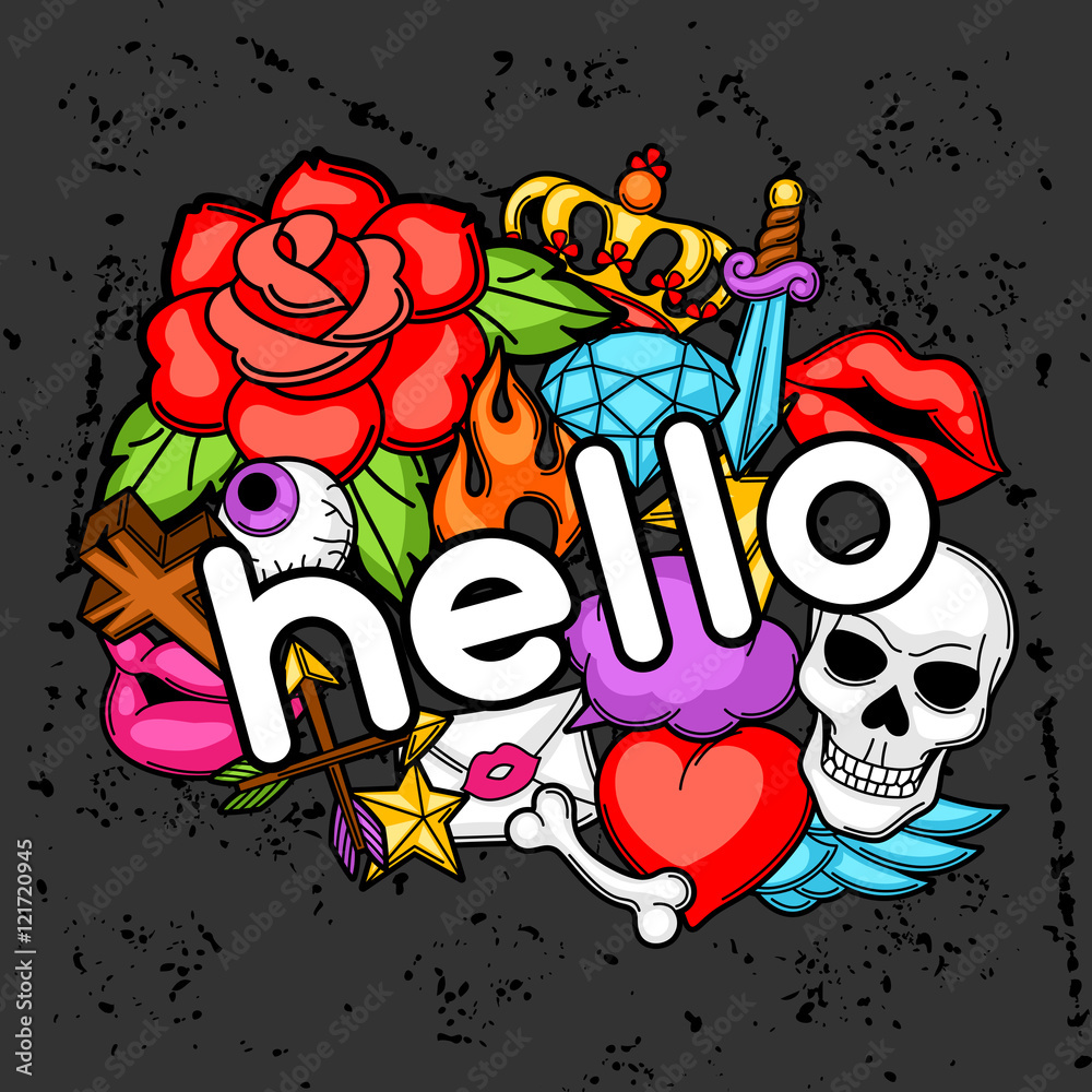 Print with retro tattoo symbols. Cartoon old school illustration Stock ...