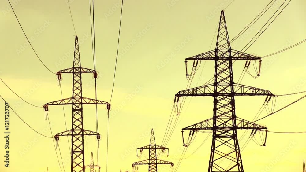 Power Lines Yellow Sunset. Electricity Pylon Stock Video | Adobe Stock